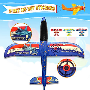 GNAlGNAt 3 Pack Foam Airplane Launcher Toys, Boys Outside Outdoor Flying Toys Birthday Gift for Kids Age 3+ 4 5 6 7 8 9 10 11 12 Year Old Boys Glider Plane Party Supplies with 3 Set of Stickers