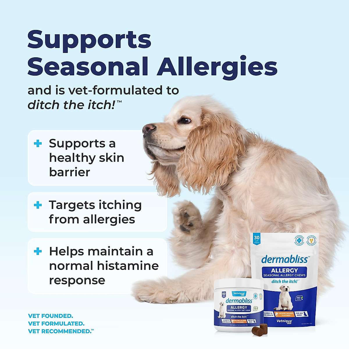 Vetnique Dermabliss Dog Allergy Relief & Immune Support Supplement Allergy Chews for Dogs Itching and Licking with Omega 3 Fish Oil & Probiotics for Itch Relief - Vet Recommended (120ct Chews)