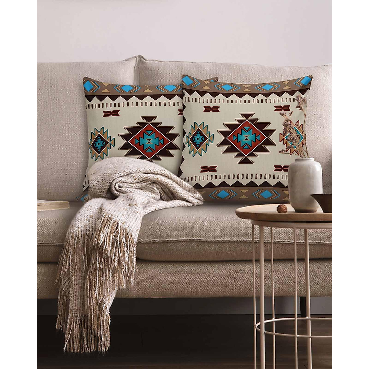 2 Packs Decorative Cotton Throw Pillow Covers, Native Americans in The US Totem Indian Style Geometric 20 x 20 Inch Square Reversible Soft Cushion Case for Couch Bedroom Sofa Living Room Chair Car