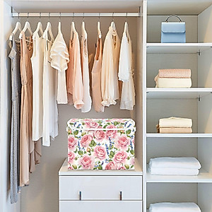 Sletend Storage Box Rose Flower Floral Closet Storage Bins with Lids, Foldable Oxford Fabric Storage Box for Home Bedroom Closet Office (16.5x12.6x11.8 in)