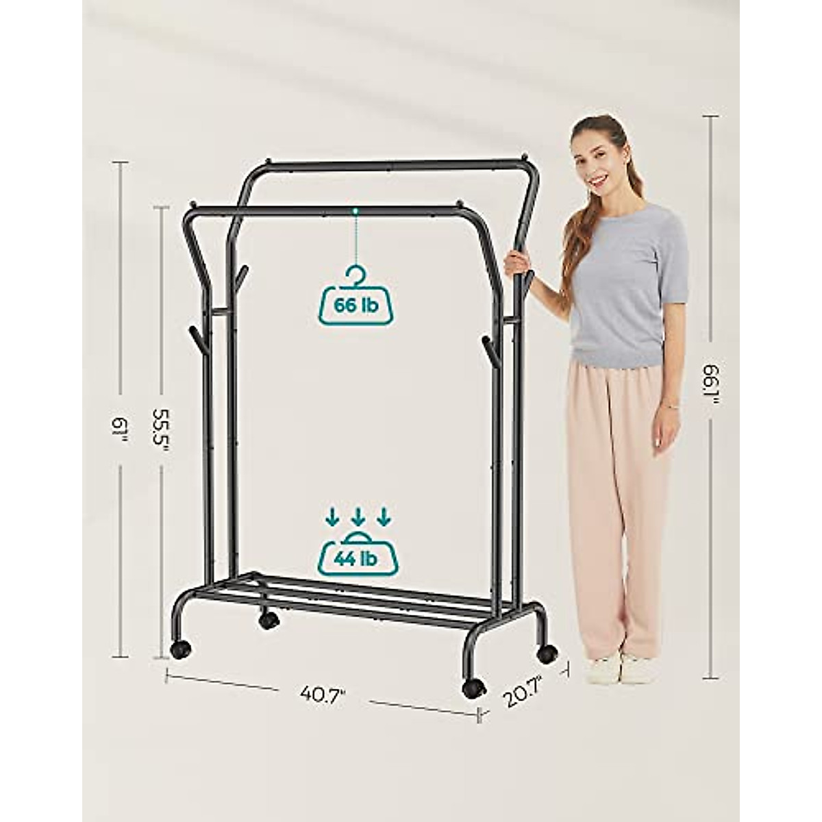 SONGMICS Clothes Rack, Double-Rod Clothing Rack with Wheels, Heavy-Duty Metal Frame, Garment Rack, 220 lb Max. Total Load, 40.7 Inches Wide, Clothes Storage and Display, Black UHSR107B01