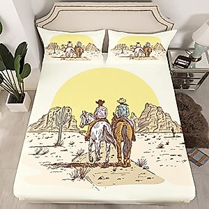 Erosebridal Cowboys Fitted Sheet Full Wild West Bed Sheets for Men Women Kids American Western Riding Horses Sunset Mountain Cactus Cowgirl Sheets Cartoon Hand Drawn Yellow Brown Bedding Set