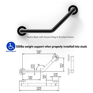 AmeriLuck 1-1/4 x 16 Stainless Steel Angled Grab Bar with Anti-Slip Peened Grip for Bathtubs, Shower & Toilet, ADA Compliant, Stud Mount 500lbs Support, Brushed Nickel
