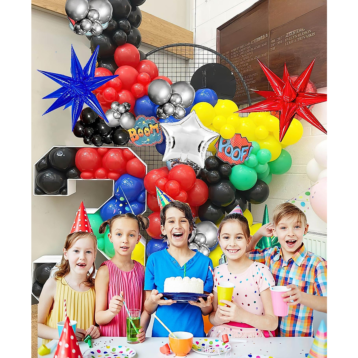 Super hero Balloon garland kit 150+Pcs Red blue green yellow black balloons and starburst balloons for Comic Book Theme Super man Cartoon Birthday Party decorations