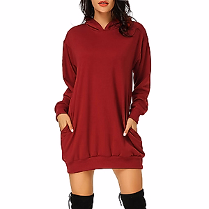 Auxo Women's Long Sleeve Hooded Pockets Pullover Hoodie Dress Tunic Sweatshirt Wine Red 2XL