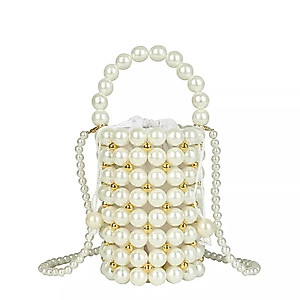 White Pearl Beaded Handbag for Women, Evening Bags with Detachable Chain, Inner Bag, Bridal Bag, Bachelorette Clutch (Pearl White/Gold)