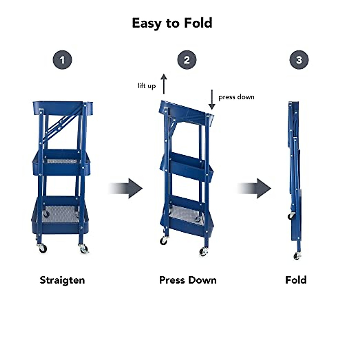 Isaac Jacobs 3-Tier Rolling Cart, Foldable Mobile Storage Organizer with Caster Wheels, Lightweight Multi-Purpose Metal Utility Cart for Office, Kitchen, Bathroom, Bedroom (Navy)