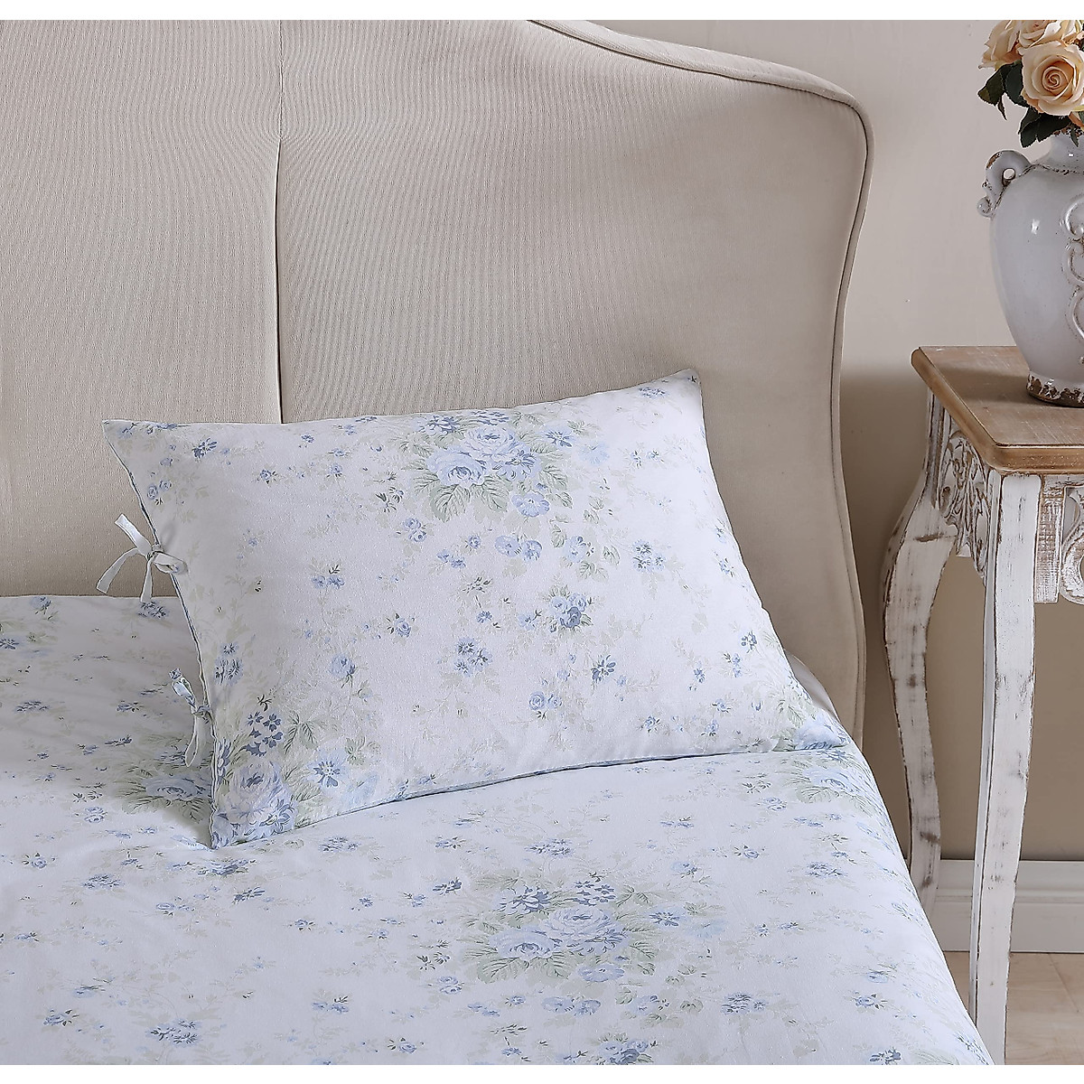 Shabby Chic® - Queen Comforter Set, Reversible Cotton Bedding with Matching Shams, Elegant Floral Home Decor for All Seasons (Bailey Blue, Queen)