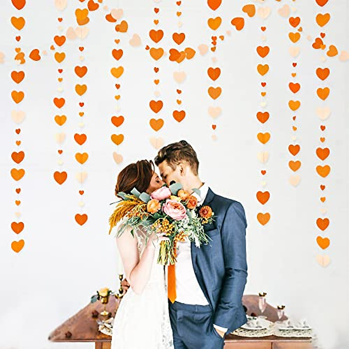 52 Ft Orange Heart Garland Gradient Heart Hanging Paper Streamer for Fall Autumn Wedding Bridal Shower Birthday Baby Shower Engagement Valentines Day Thanksgiving Harvest Party Decorations Supplies