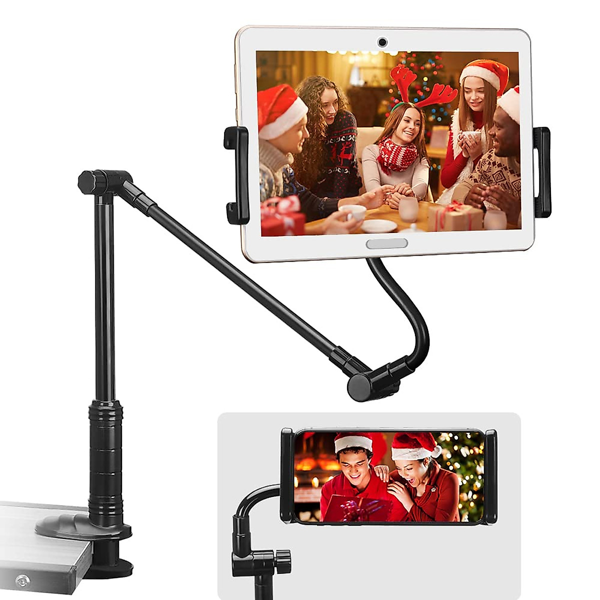 Aqonsie Phone Holder Bed Gooseneck Mount Clip with 360° Rotation Flexible & Hard Arm Bracket Compatible with iPad,Tablet,4-14" Phones, Foldable Tablet Stand for Desk Bed Kitchen Office