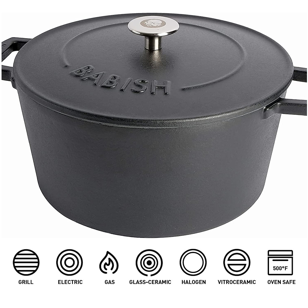 Babish Round Enamel Cast Iron Dutch Oven w/Lid, 6-Quart, Matte Black
