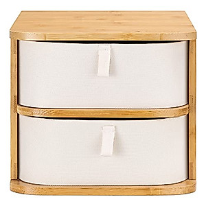 Navaris Makeup Storage Drawers - Bamboo Organizer and Cream Colored Fabric Trays - 2-Tier Drawer Unit for Bathroom, Vanity Table - 9" x 6.9" x 5.9"