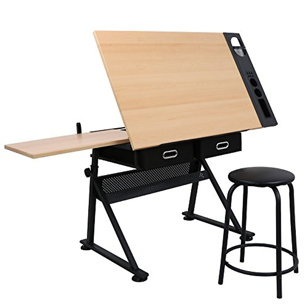 BBBuy MDF Drafting Table Desk Art&Craft Work Station Drawing Desk Height Adjustable Craft Table w/Stool and 2 Storage Drawers for Home Office School Study Room
