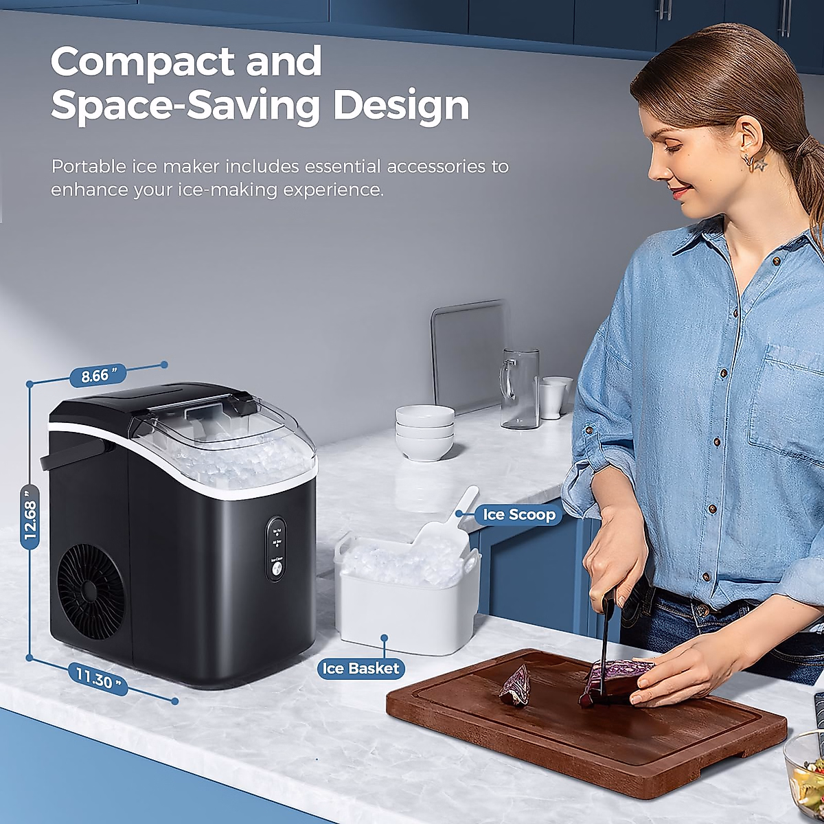 Nugget Ice Maker Countertop with Chewable Ice, 35lbs/Day, Portable Ice Maker Countertop with Handle, One-Click Operation, Compact Design Crushed Pellet Ice Maker for Home/Kitchen/Office(Black)