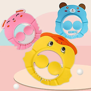 Anller 3 Pieces Baby Shower Cap, Soft Adjustable Bath Shampoo Cap with Ear Protection, Funny Cartoon Bathing cap for Children, Kids and Toddlers(Pink+Blue+Yellow)