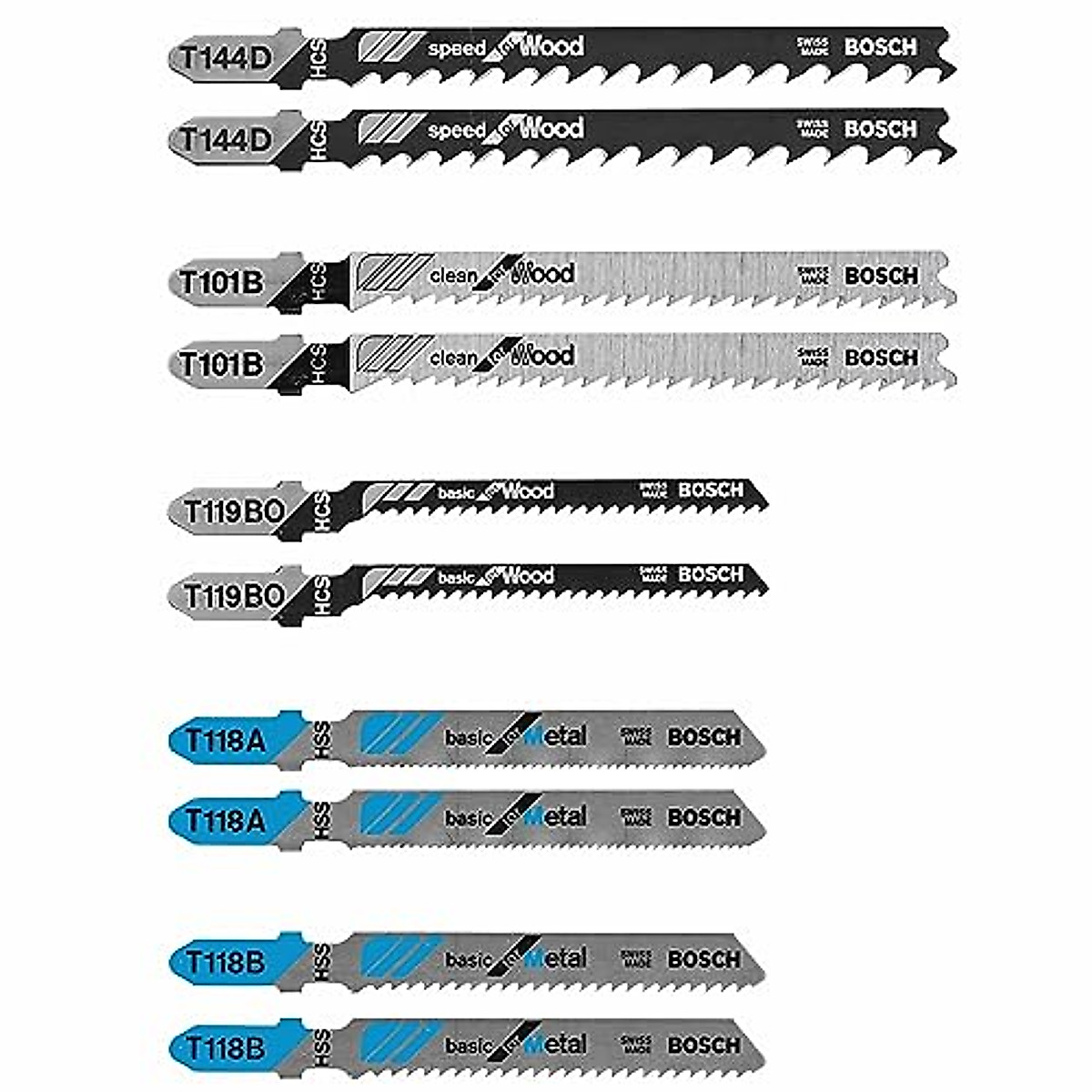 BOSCH T5002 T-Shank Multi-Purpose Jigsaw Blades, 10 Piece, Assorted, Jig Saw Blade Set for Cutting Wood and Metal