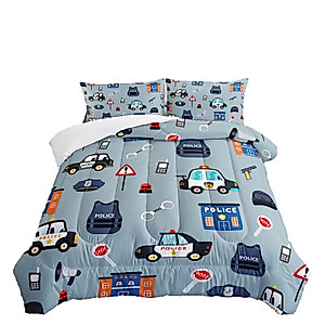 BBchose 3D Cartoon Police Car Bedding Set for Kids，Lovely Police Equipment Ultra Soft All Seasons Comforter Set Kawaii Police Theme Bed Set 1 Comforter 2 Pillowcases (Blue, Twin)