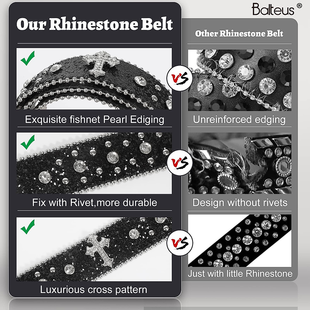 Balteus Women Men Rhinestone Belt,Fashion Western Cowgirl Cowboy Bling Studded Cross Leather Belt Diamond for Jeans Dress,Black,S,