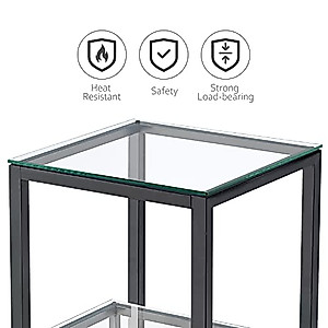 Glass End Table Square,Modern Glass Side Table with 2 Tier Shelf Coffee Table,Black Metal Frame Glass Top Table for Living Room,Balcony,Bedroom