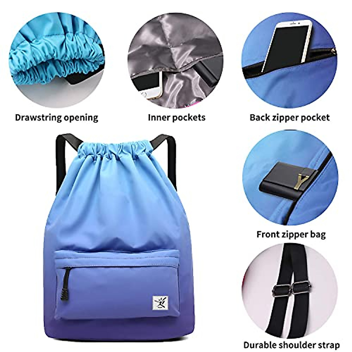 Risefit Waterproof Drawstring Bag, Drawstring Backpack, Gym Bag Sackpack Sports Backpack for Women (Gradient blue)
