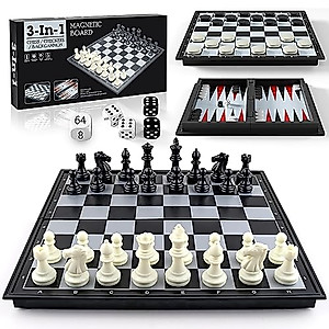 XQW 3 in 1 Classic Board Games Chess Set for Family Night Adults Kids with 9.85" Foldable Chess Board,Magnetic Travel Board Game Set,Including Magnetic Chess Checkers and Backgammon