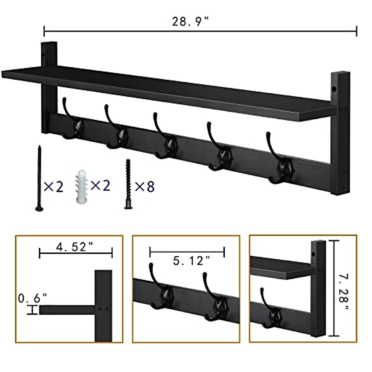 BAMEOS Wall Hooks with Shelf 28.9 Inch Length Entryway Wall Hanging Shelf Wood Coat Hooks for Wall with Shelf Wall-Mounted Coat Hook Rack with 5 Dual Hooks for Bathroom, Living Room, Bedroom (Black)