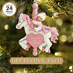 Personalized Babys First Christmas Ornament 2024 Girl – Fast & Free 24h Customization – New Baby Ornament for Tree – Custom Gift Wrapped Pink Baby Carousel 1st Christmas Ornament