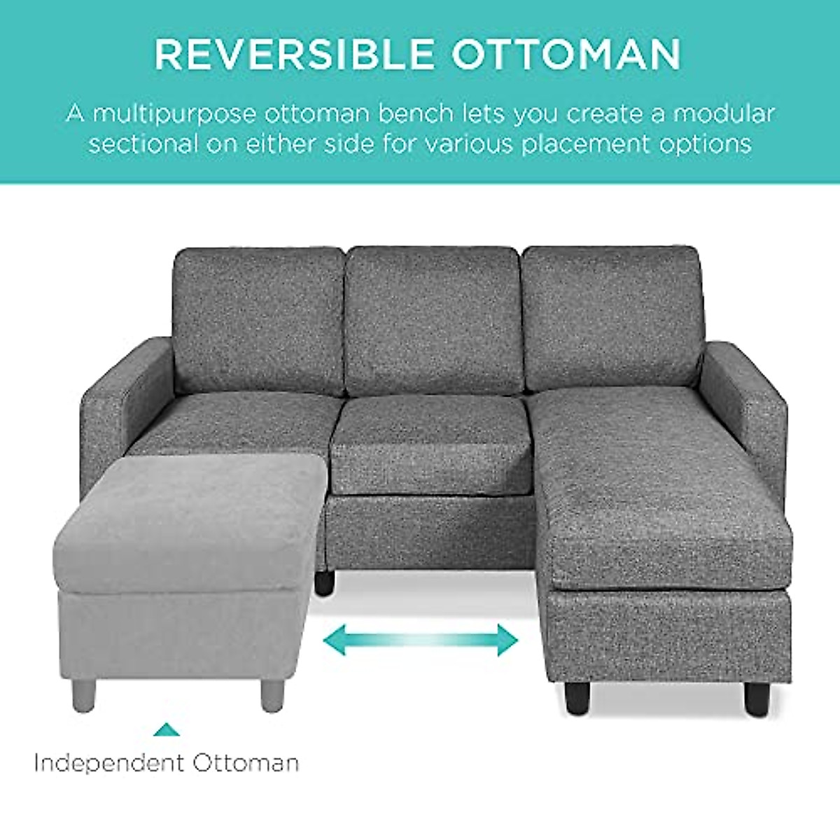 Best Choice Products Linen Sectional Sofa for Home, Apartment, Dorm, Bonus Room, Compact Spaces w/Chaise Lounge, 3-Seat, L-Shape Design, Reversible Ottoman Bench, 680lb Capacity - Gray