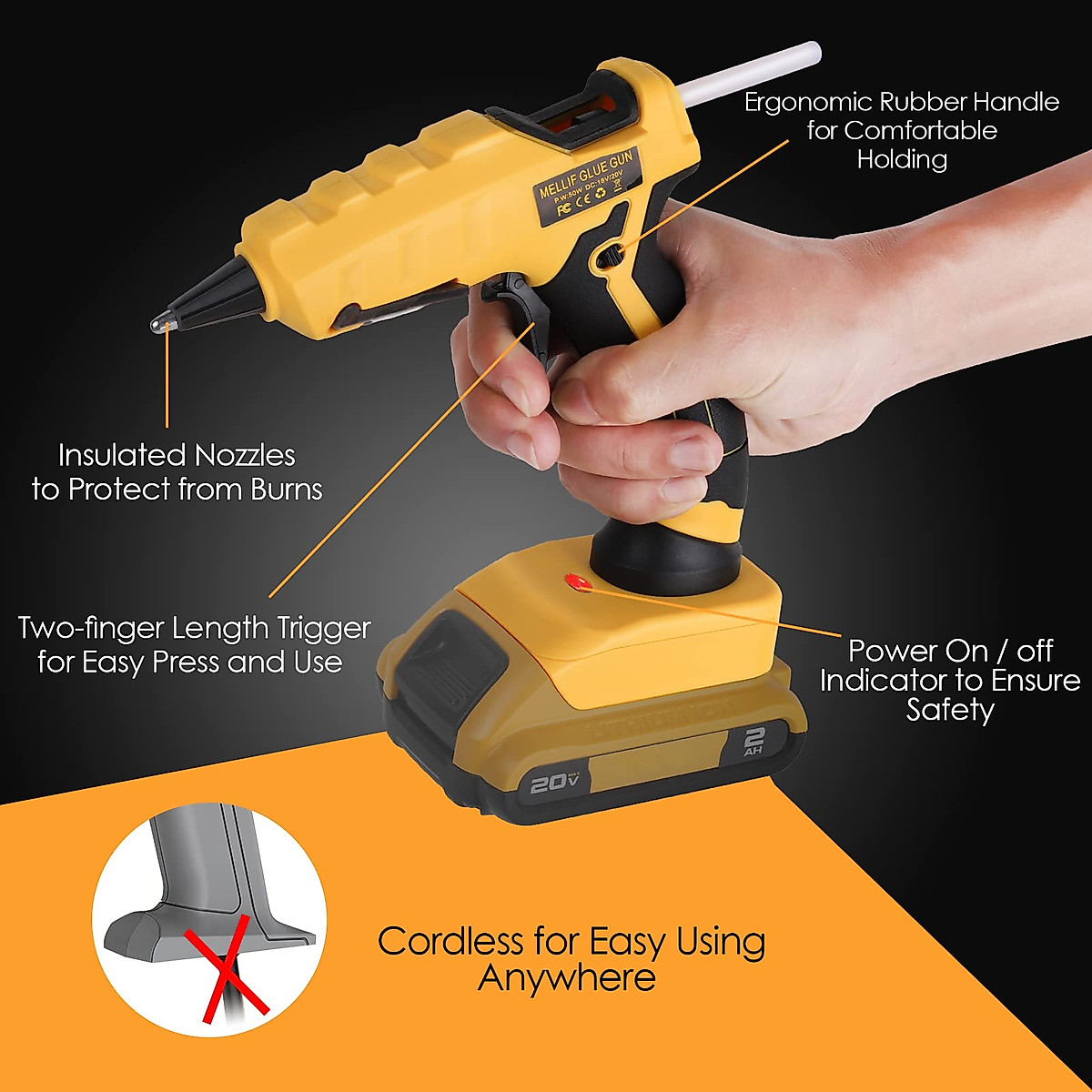 Cordless Hot Glue Gun for 20V Max Lithium Battery (Battery NOT Included) for Arts & Craft DIY & Decoration with 30PCS 0.27" Glue Sticks