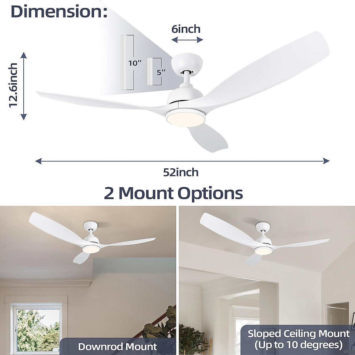 SODSEA 52 Inch Ceiling Fan with Lights, white Modern Ceiling Fan with Remote/APP Control Dimmable 3-Color Temperature,2 Rods, ceiling fan with lights remote control.for Indoor/Outdoor…