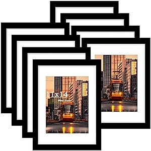 DUENPY 11x14 Picture Frame 8 Pack, Photo Frame for Wall Gallery Decor, Display Pictures 8 x 10 with Mat or 11 x 14 Without Mat, Black.