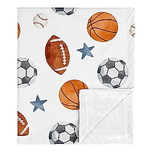 Sweet Jojo Designs Sports Theme Boy Soft Baby Blanket Receiving Security Stroller Swaddle Toddler Newborn Infant Kid Travel Warm Minky Watercolor Vintage Soccer Balls Football Baseball Basketball Star