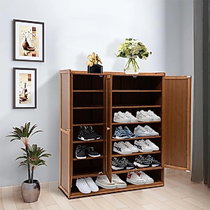 DYRABREST Bamboo Shoe Cabinet with 3 Doors, 8 Tier Free Standing Shoe Racks Shoe Rack Shelf Large Capacity Shoe Storage Cabinet for Hallway Office Living Room (8 Tiers)