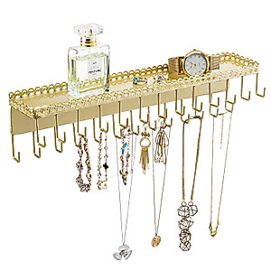 MyGift 26-Hook Gold-Tone Wall-Mounted Metal Jewelry Organizer with Display Shelf