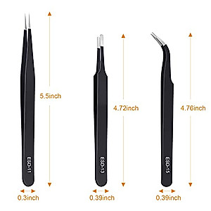 kaverme 3PCS Precision Tweezers Set, Upgraded Anti-Static Stainless Steel of Tweezers, for Electronics, Soldering, Laboratory Work, Jewelry-Making, Model, Craft