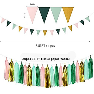 Sage-Green Pink Mint Gold Birthday Decorations - 31pcs Party Kits Happy Birthday Banner Flags,Tissue Paper Pom Poms,Circle Dots Garland,Tassel Streamers,40th 50th Women Men Birthday Decor Panduola