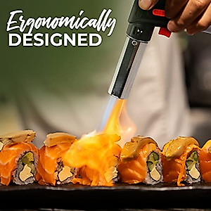 Kitchen Torch With Butane included - Refillable Butane Torch With Safety Lock & Adjustable Flame + Fuel gauge - Culinary Torch, Creme Brulee Torch for Cooking Food, Baking, BBQ, 2 Cans Included