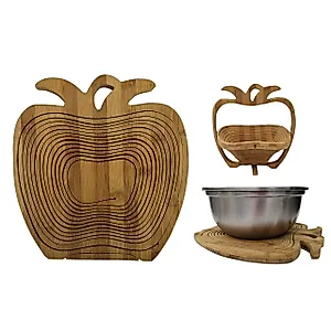 Kamay's 11X10.6 Inch Bamboo Fruit Bowl Collapsible Basket For Fruit Egg Bread Fruit Dried Fruit Folding Fruit Basket Multifunction Heat Resistant Bamboo Trivets Pot Mat Hot Pan Pads (Tomato shaped)
