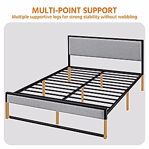 Yaheetech Metal Platform Bed Frame with Linen Upholstered Headboard and Footboard Mattress Foundation with Strong Steel Slats No Box Spring Needed Easy Assembly Gray Queen Size