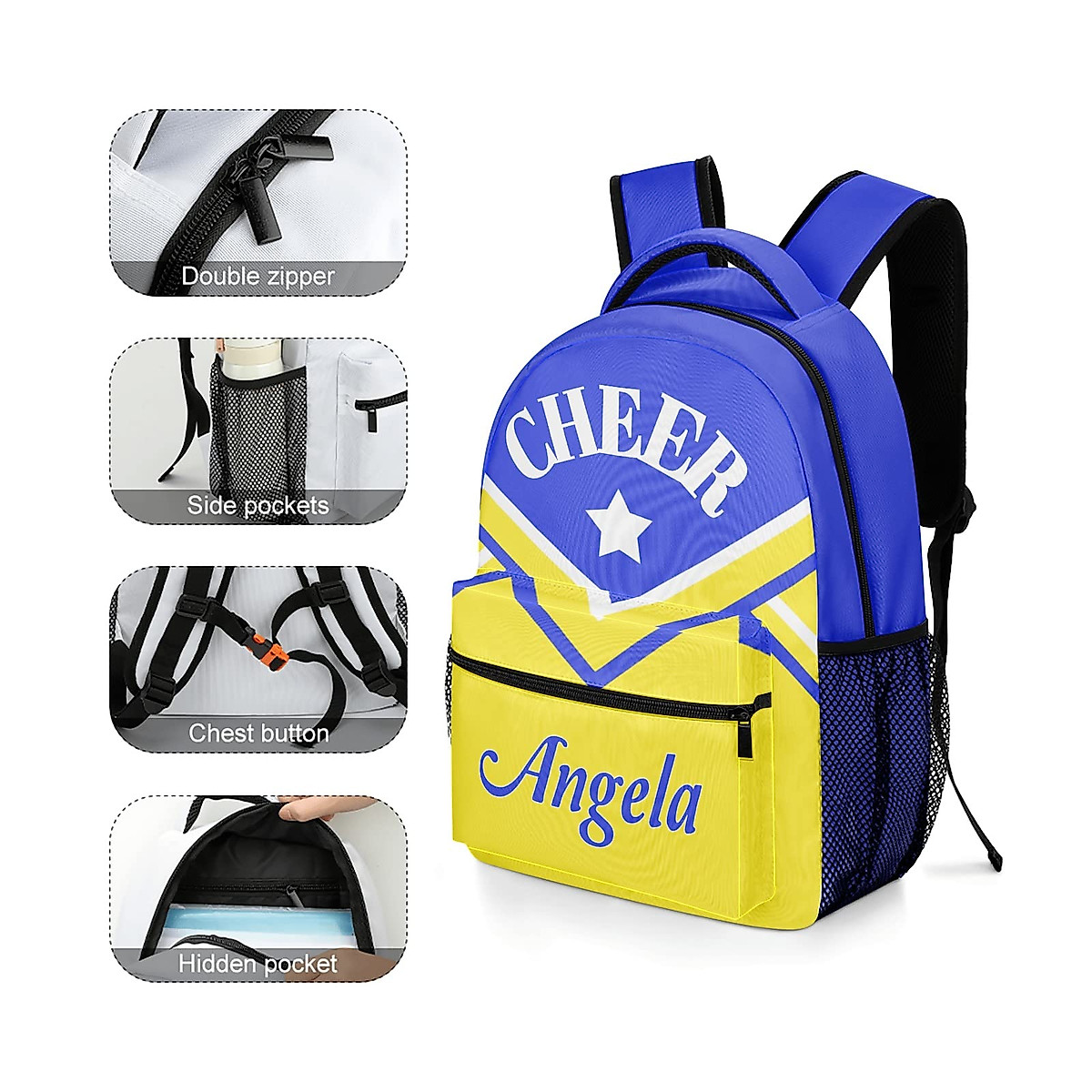 XOZOTY Cheerleader Backpack Personalized Custom Book Bags with Name Cheer Cheerleading Blue Yellow