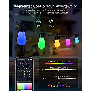 ASAHOM Solar Powered Outdoor String Lights Color Changing, 48ft Waterproof Solar RGB Patio Lights with 15 Dimmable Shatterproof Warm White LED Bulbs, 5000mAh Solar Panel Capacity for Garden Gazebo