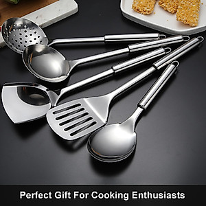 Ragyzity Stainless Steel 5-Piece Utensil Set, 5-Pieces All Metal Long Handle Cooking Tools, Heat Resistant Kitchen Gadgets Utensil Set, Slotted Spoon, Slotted Spatula, Large Spoon, Soup, Spatula
