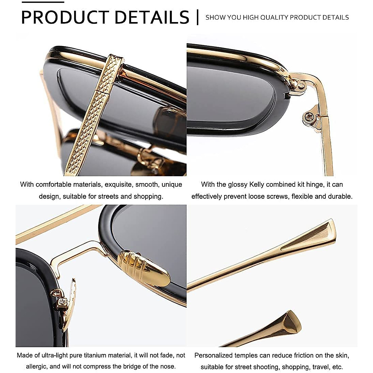 Sehnsucht Tony Stark Sunglasses for Men Women Iron Man Eyeglasses Square Metal Spider Man Downey Pilot Shade Sun Glasses Vintage UV Protection 66218 Black&Purple