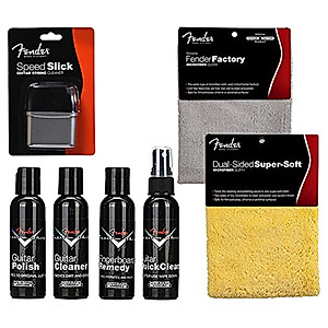 Fender Guitar Super Care Kit Bundle with Speed Stick String Cleaner, Custom Shop Deluxe Guitar Care System 4 Pack, Super-Soft Dual-Sided Microfiber Cloth, and Fender Factory Microfiber Cloth