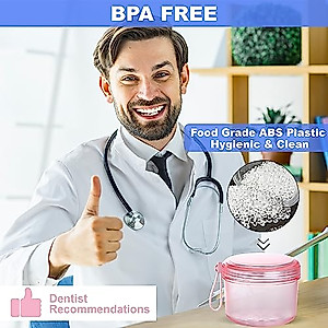 Denture Case, Leak Proof Denture Bath Cup for Travel, Denture Container Cups for Soaking Full & Partial Dentures, Retainers, Denture Cleaning Kit Holder Box with Denture Cleaner Brush-Transparent Pink