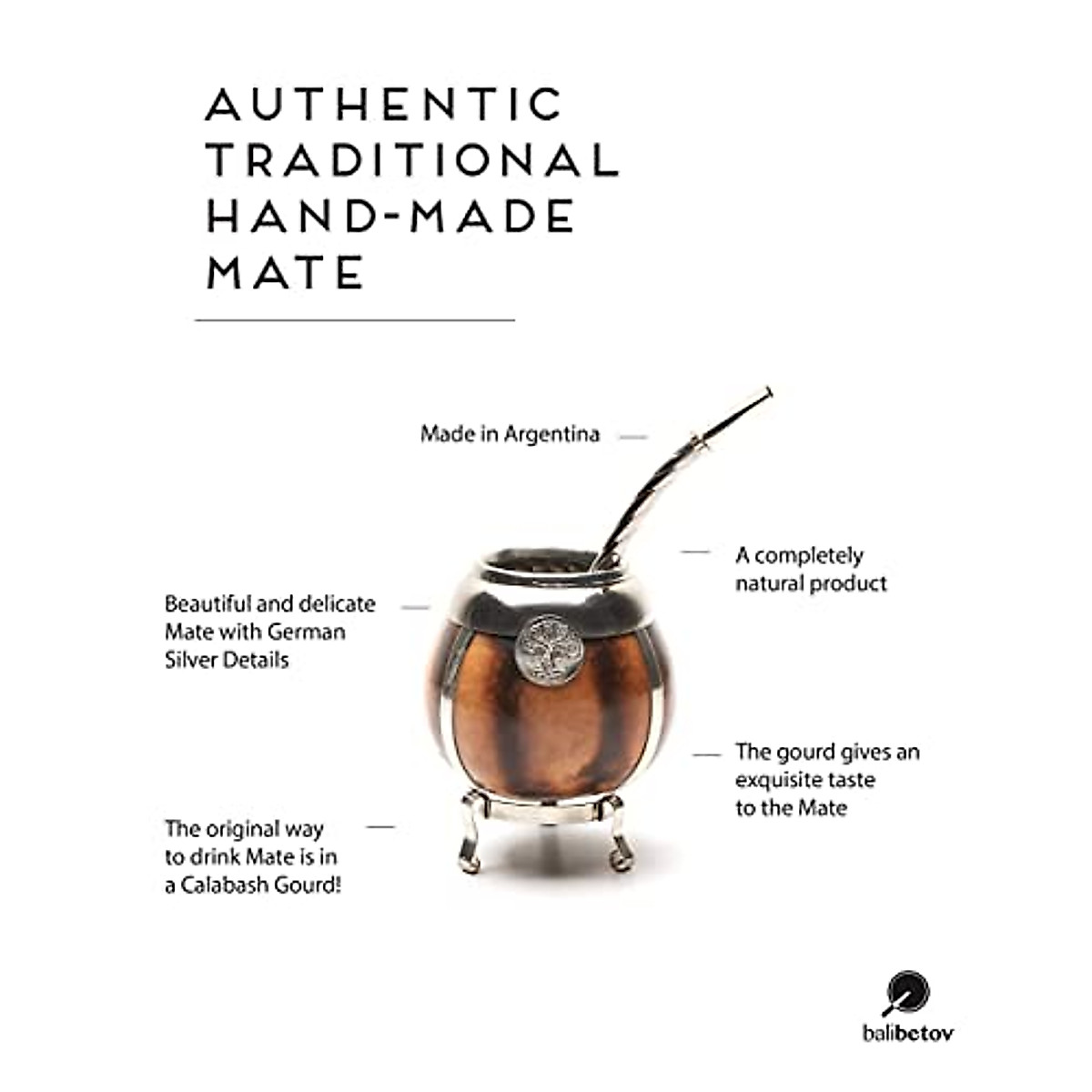 BALIBETOV [New Handmade Yerba Mate Gourd Set - German Silver Trim and Base - [Mate Cup] with Bombilla [Yerba Mate Straw] (Natural)