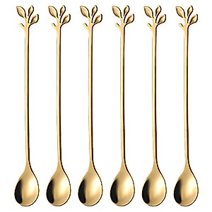 AnSaw Long Handle 7.4-Inch Leaf Teaspoons set, 6 Pcs Gold Stainless Steel Coffee stirring spoon