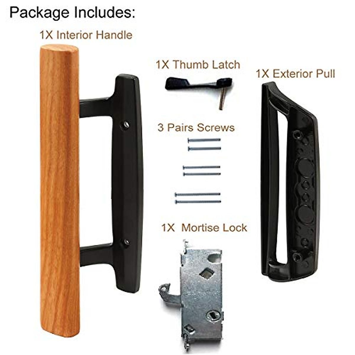 Sliding Glass Patio Door Handle Set Oak Wood Interior Handle and Exterior Pull in White Diecast Finish+Mortise Lock 45° Keyway Fits 3-15/16” Screw Hole Spacing, Non-keyed with Latch Locks
