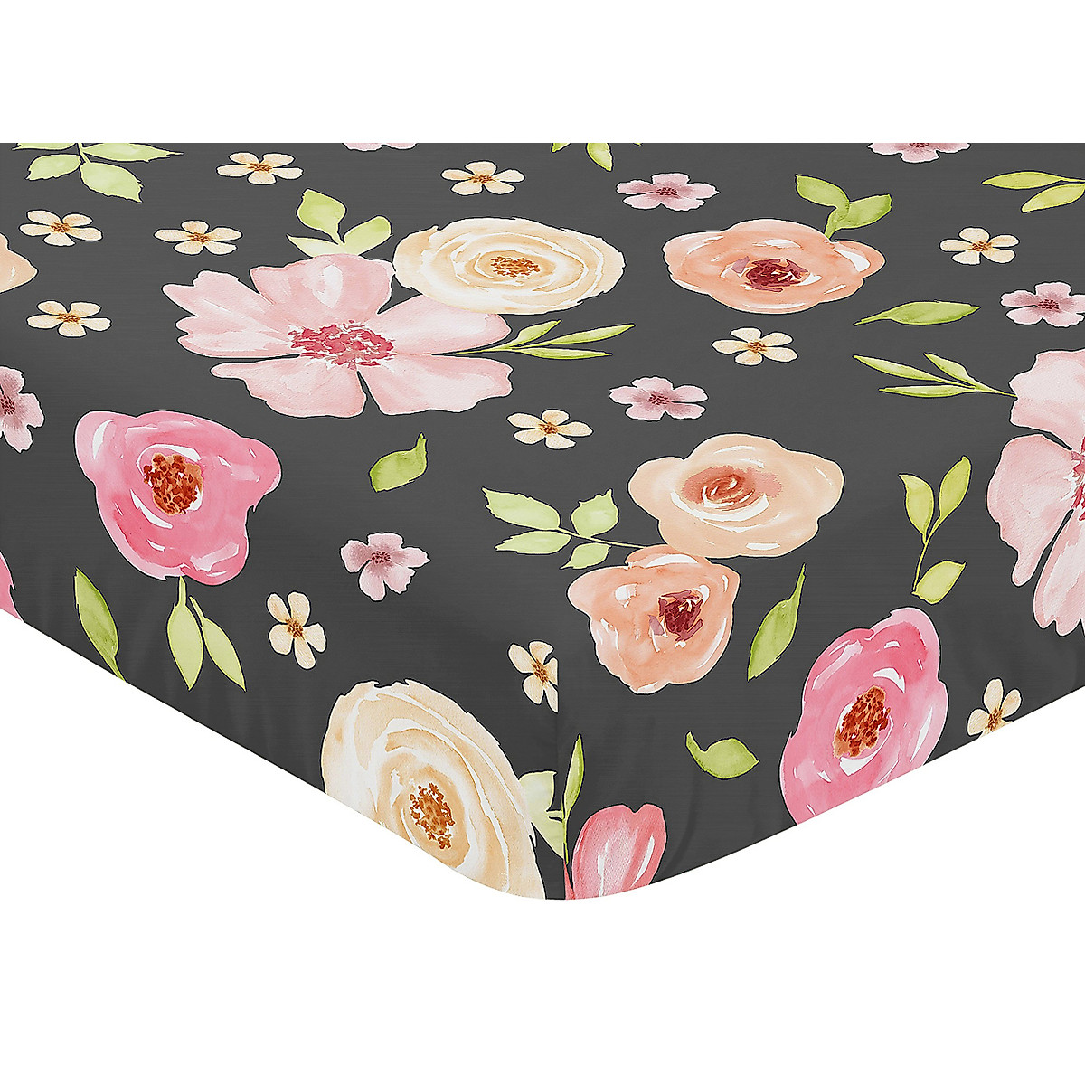 Sweet Jojo Designs Black and Blush Pink Baby or Toddler Fitted Crib Sheet for Watercolor Floral Collection - Rose Flower