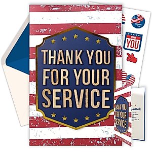 Decorably Gold-Foiled Individual Thank You for Your Service Card with Wooden Letters on Die-Cut Badge, 5x7in Veteran Thank You Cards Set with Envelope & Stickers, Veteran Card with Printed Message